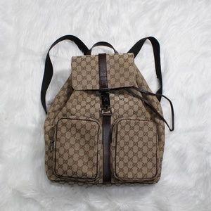 Gucci | Bags | Gucci Canvas Backpack With Brown Leather Trim | Poshmark